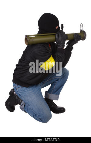 mobster with bazooka grenade launcher isolated on white background ...