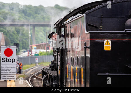 Driver reversing steam locomotive LNER 1264 into Whitby station taken ...