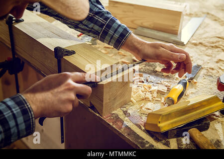 Close up of a experienced carpenter in work clothes and small buiness ...