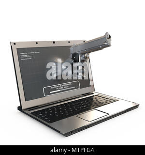 hand with gun popping out from a computer screen in an office Stock ...