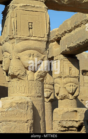 Ancient Egyptian fertility goddess Hathor sculptures on the pillars in ...
