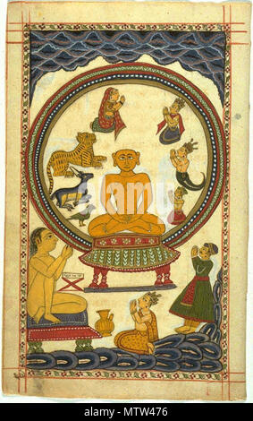 . English: Jina venerated by a monk, men and women, a naga, and animals ...