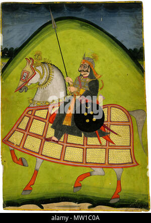 Rajput warrior on horseback, with caption in Kayathi and Nagari Stock ...
