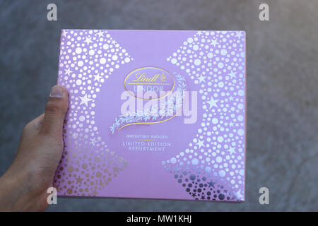 Close up of Limited Edition Lindt Lindor Chocolates in pink colour box ...