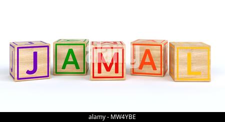 The name jamal written with wooden toy cubes in children's room Stock ...