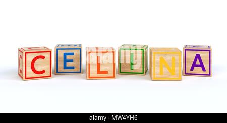The name celina written with wooden toy cubes in children's room Stock ...
