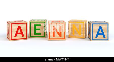 The name Aenna written with wooden toy cubes in children's room Stock ...