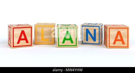 The name alana written with wooden toy cubes in children's room Stock ...