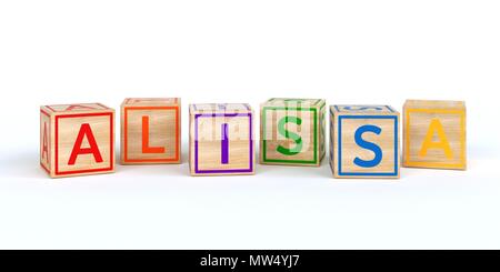 The name alissa written with wooden toy cubes in children's room Stock ...