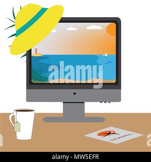 Travel and technology computer with beach on screen vector illustration ...