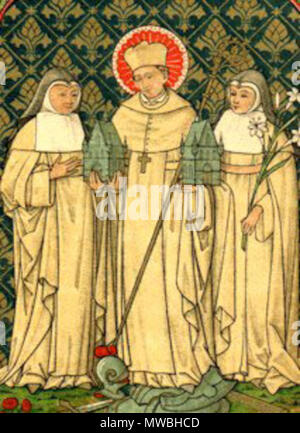 . English: St. Gilbert of Sempringham with two Gilbertine nuns . 19th ...