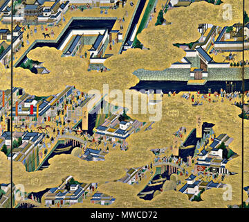 . English: View of Edo, left screen. pair of six-panel folding screens ...