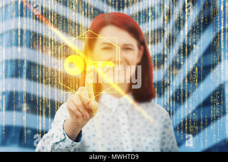 Woman touching a blockchain concept on a touch screen with her finger ...