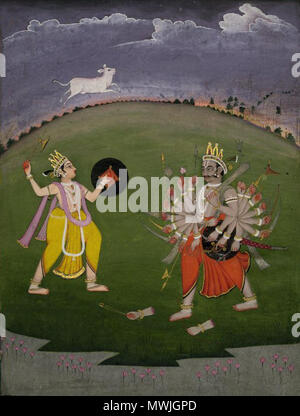 This depiction of Parasurama, a Hindu warrior god, shows him attacking ...