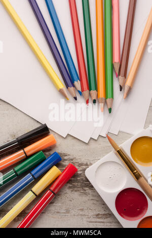 Pencils, watercolor, brush and wood on white background Stock Photo - Alamy