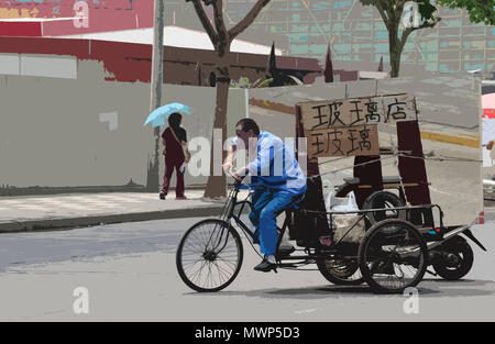 Street scene: bike, man with cart near laundry Stock Photo - Alamy