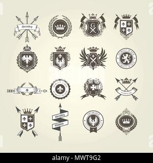 Shield wing crown ribbon emblem black glyph set. Elegant military ...