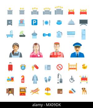 Hotel services flat icons with maid in elegant uniform, surrounded by ...