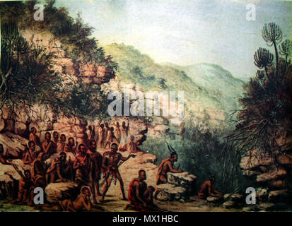 . English: 'Sandile and Armed Warriors Resting on a Krans', painting by ...