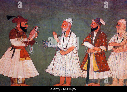 . Guru Gobind Singh (with bird) encounters Guru Nanak Dev. An 18th ...