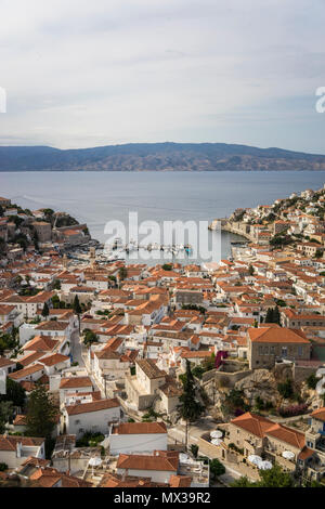 A view of the harbor of Idra, located on the island of Idra, Greece, at ...
