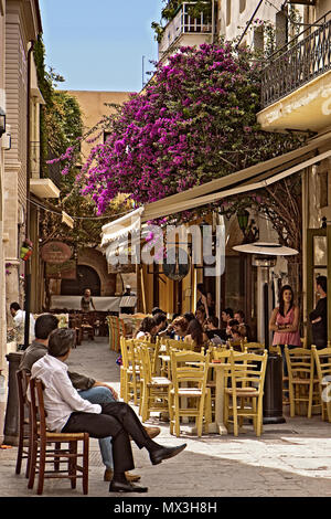 Greece, Crete, Rethymnon, old town, terrace of restaurants in the old ...