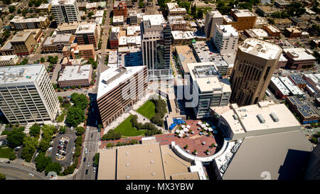 Tall buildings in downtown Boise Idaho surround a holiday Christmas ...
