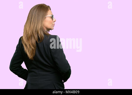 Middle age business woman backside, rear view over white background ...