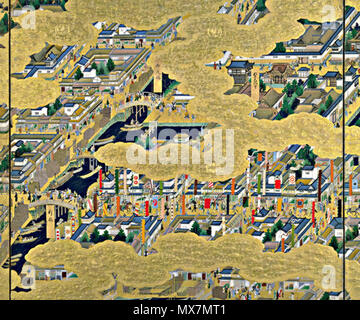 . English: View of Edo, left screen. pair of six-panel folding screens ...