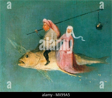. English: Flying fish with two people - detail of the painting ...