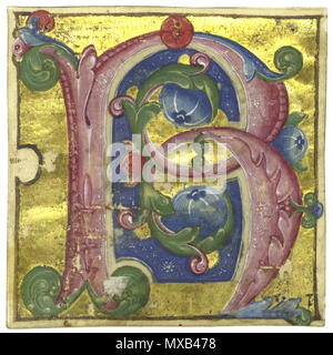 A 15th-century illuminated initial 'R' from a manuscript. This ...
