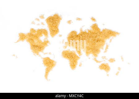 map of the world made of cane sugar on white background with metallic ...