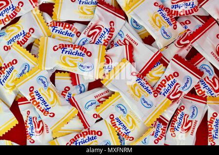 Campino boiled sweets, fruit and yogurt flavours, purple background ...