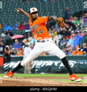 Baltimore Orioles relief pitcher Miguel Castro (50) delivers a pitch ...