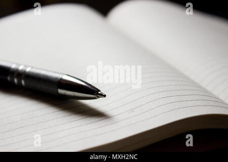 Pen laying over notebook Stock Photo - Alamy