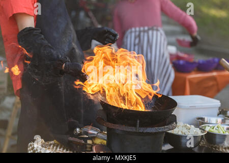 Male Thai Chef cooking with flaming wok in a restaurant kitchen ...