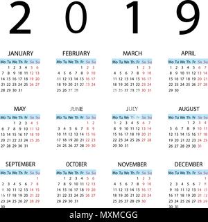 Calendar 2019 year. Week starts with Monday Stock Vector Image & Art ...