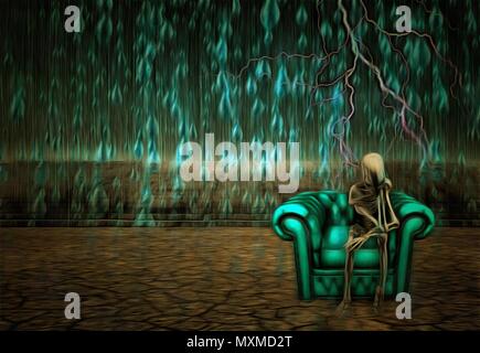 Thinker. Alien`s skeleton sits on a armchair in pose of thinker. Rain ...