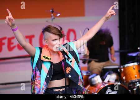 Norway, Oslo - June 2, 2018. The Norwegian-Sami band ISÁK performs a ...
