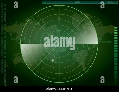 Green radar screen with world map. Digital hud interface vector ...