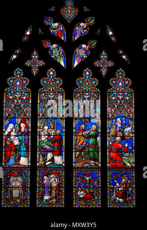 England, Cheshire, Chester Cathedral, Stained glass in the West Window ...