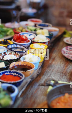 Traditional Turkish breakfast. Plates with various appetizers Stock ...