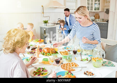 Big Family Dining Table Eating Woman Serving Food Dinner Dining Room ...