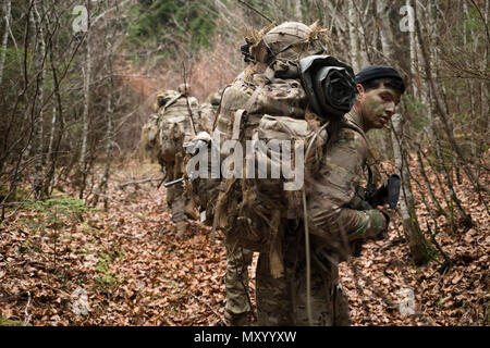 A German army soldier with the Recon Platoon, Jager Battalion 292 poses ...