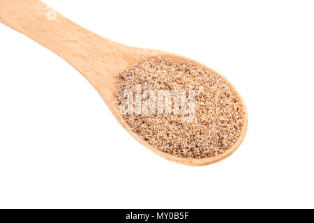 Grind nutmeg in wooden spoon on white background, top view Stock Photo ...