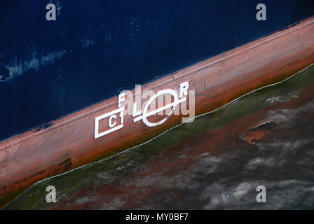 Plimsoll (Load) Line on side of ship to show safe loading limits ...