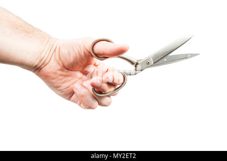 Male hand with an open scissors on a white Stock Photo - Alamy