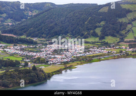Sete Cidades town. Azores landscape panoramic view. Aerial drone view ...