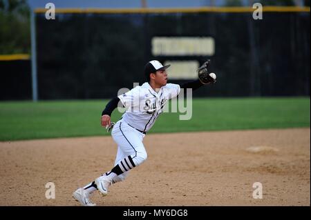 High school shortstop fielding a ground ball on the outfield grass ...