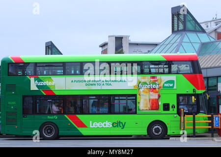 First Bus Double Decker Bus leaving Leeds Bus Station Stock Photo - Alamy